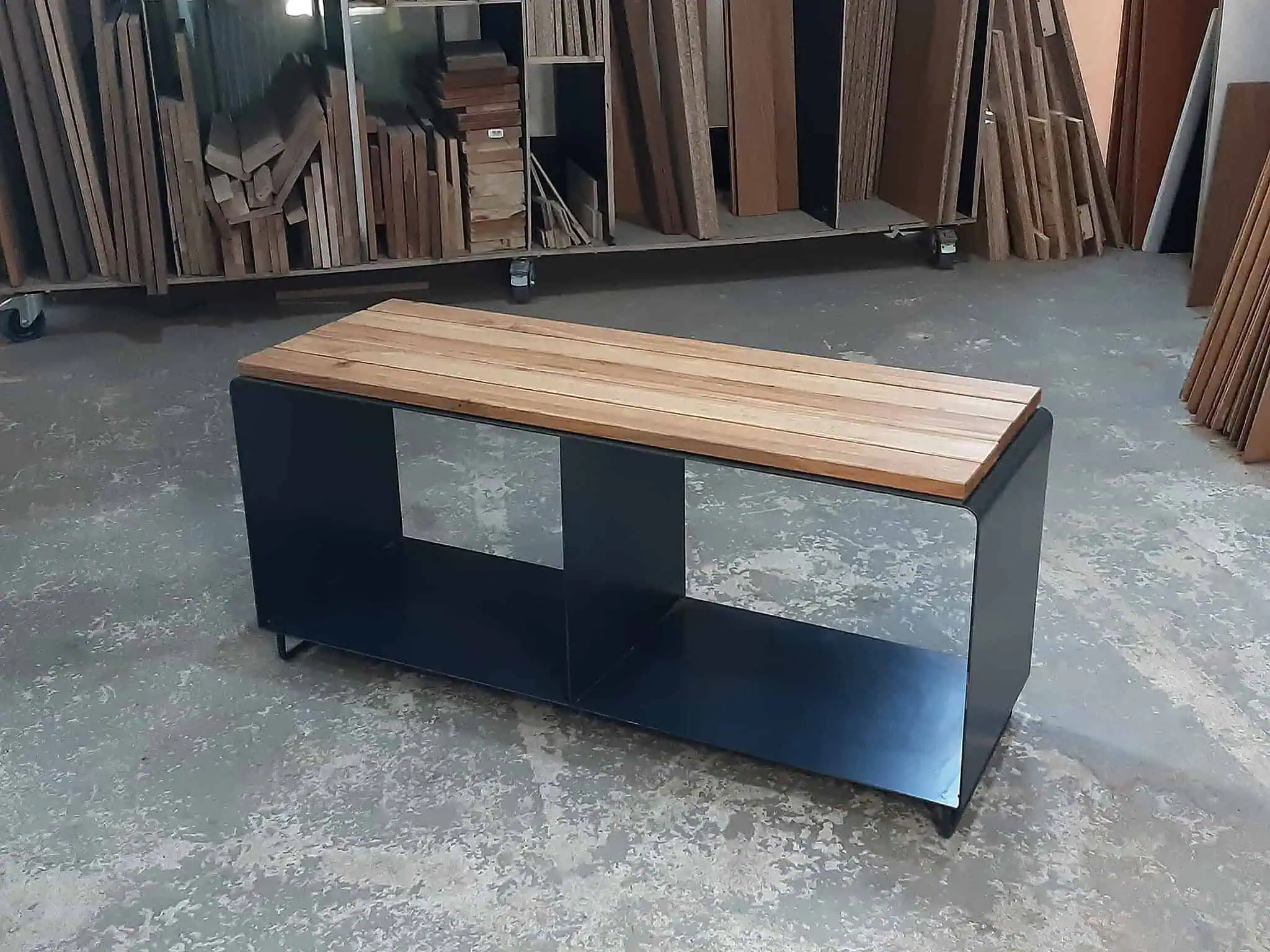 Sitzbank Anthrazit - Modern aus Holz Eiche Stahl (2 Fächer)